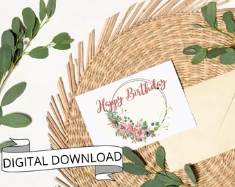 Printable Floral Happy Birthday Card for Hervintage Flower - Etsy