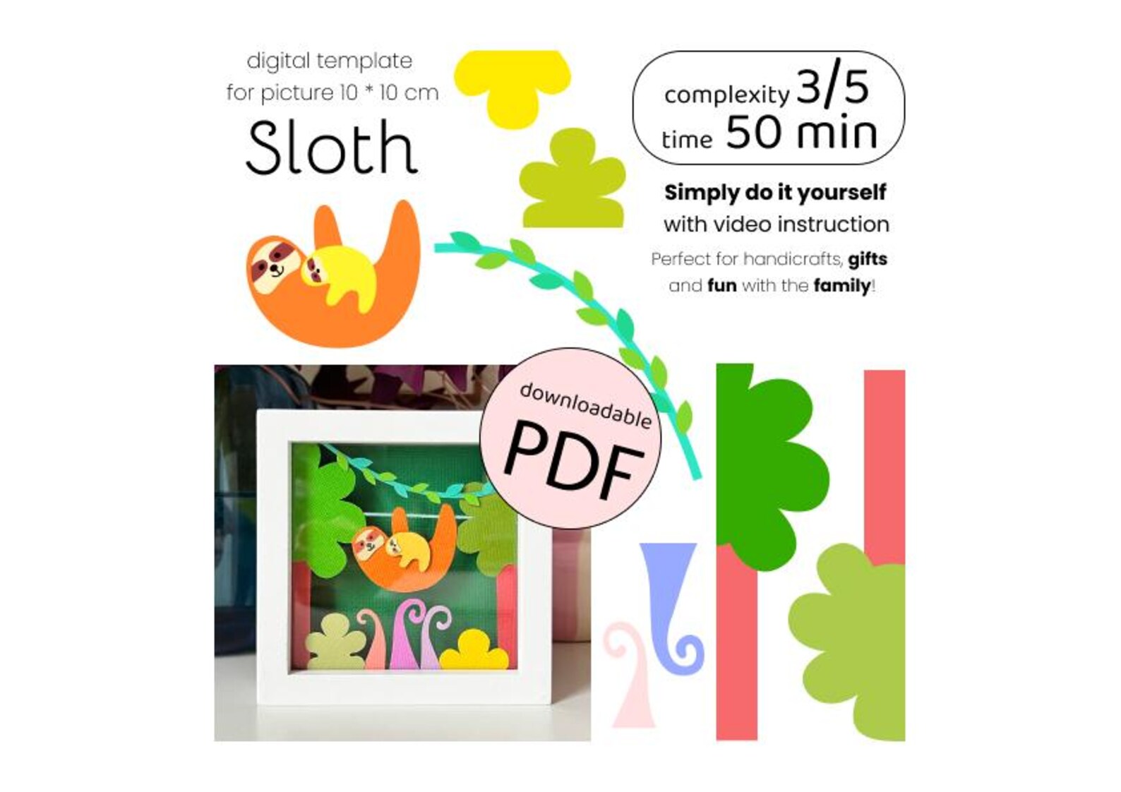 DIY Sloth Papercraft Template 10x10 Cm Easy Printable Wall Art Kit ...