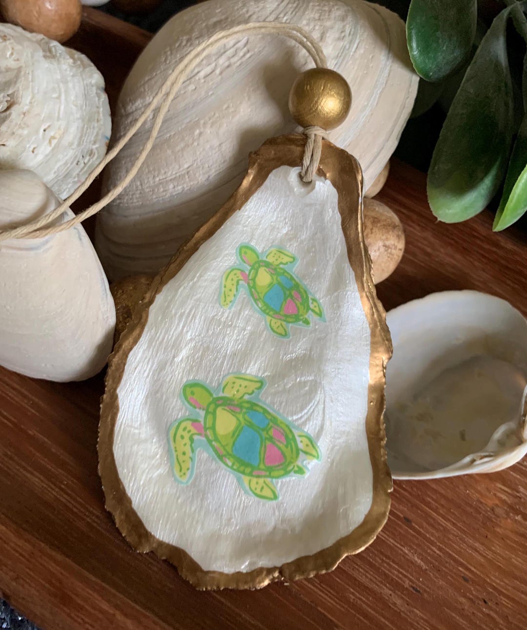Lilly Inspired Pink Green Sea Turtles Oyster Shell Ornament Gold Gilded ...