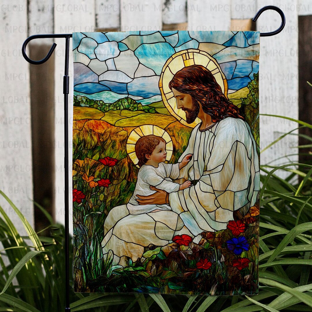 Jesus With Kid Stained Glass Flag, Christian in Garden Art Flag ...