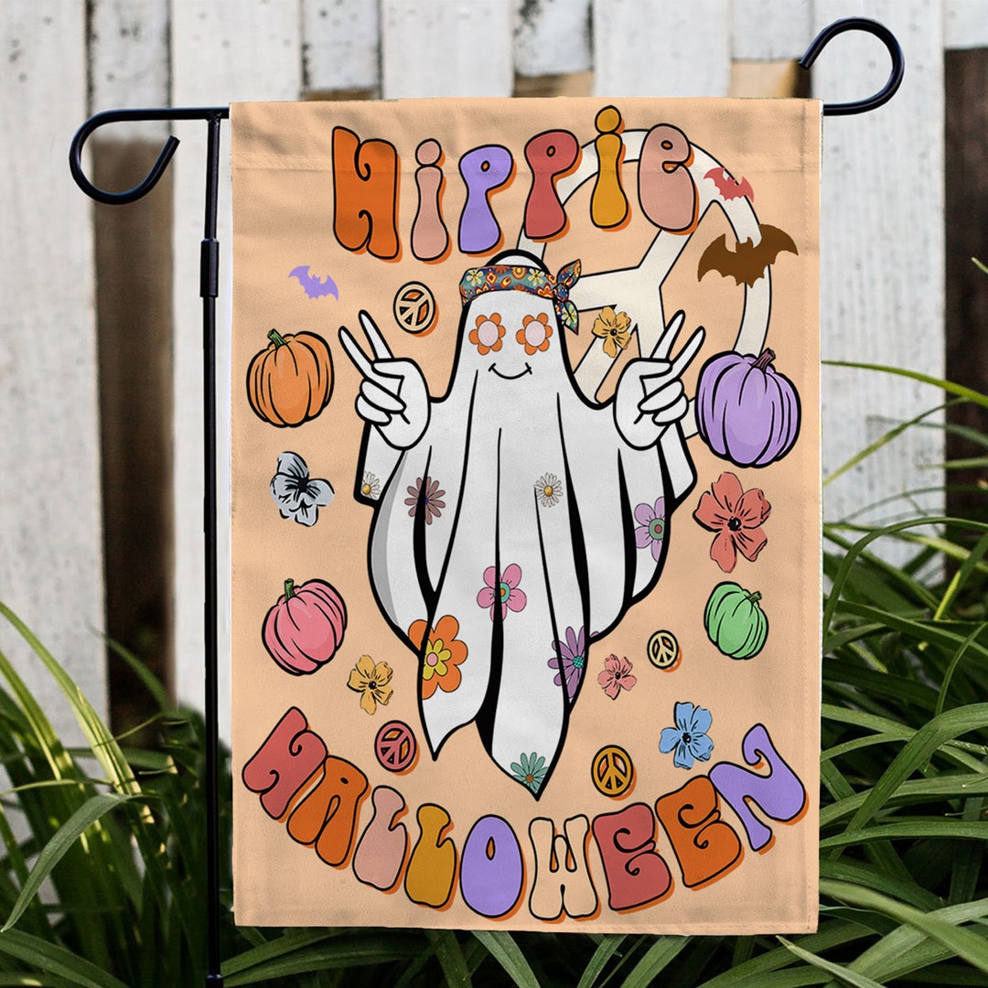 Cute Ghost Hippie Halloween Flag, Boo Halloween Floral Flag, Peace ...