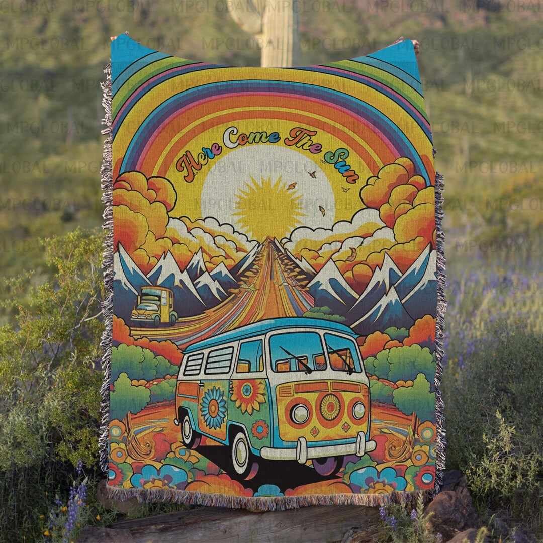Hippie Here Come the Sun Cotton Throw, Bohemian Bus Rainbow Groovy ...
