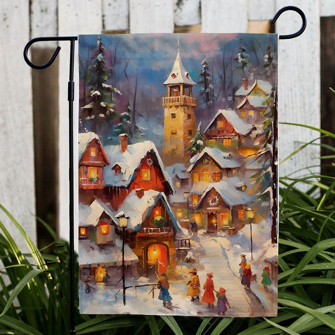 Winter in Town Rustic Garden Flag, Vintage Christmas Night Village Flag ...