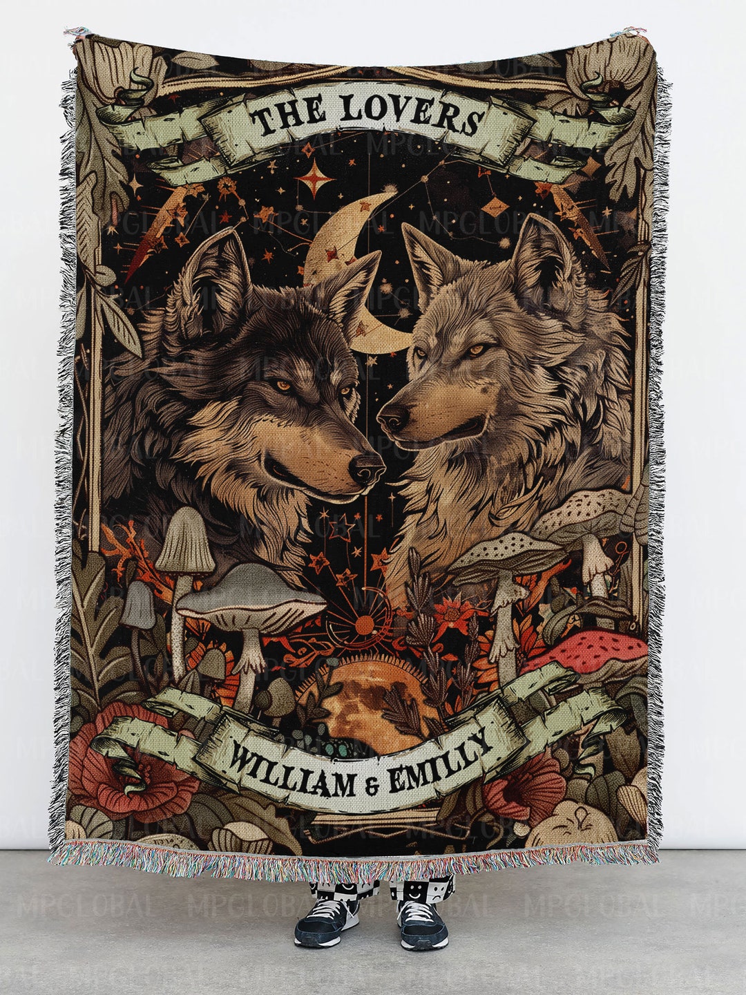 Celestial Wolf Custom Wedding Blanket, Wolf Luna Mushroom Blanket ...