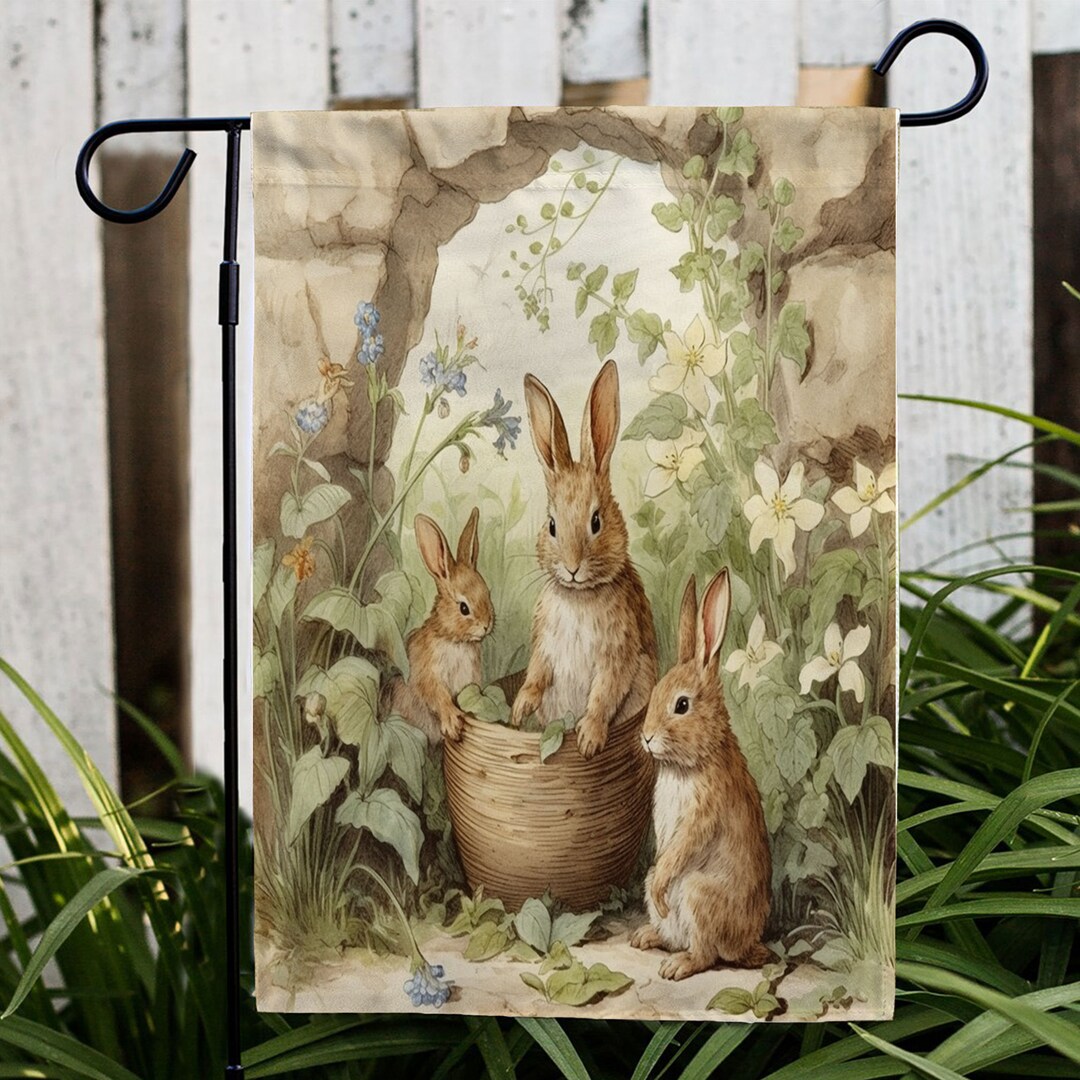 Vintage Bunnies Plants Garden Flag, Rabbit Wildflorals Easter Flag ...