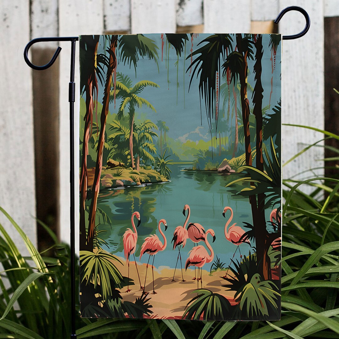 Pink Flamingo Pond Retro Flag, Summer Flamingo Flag, Landscape Flamingo ...