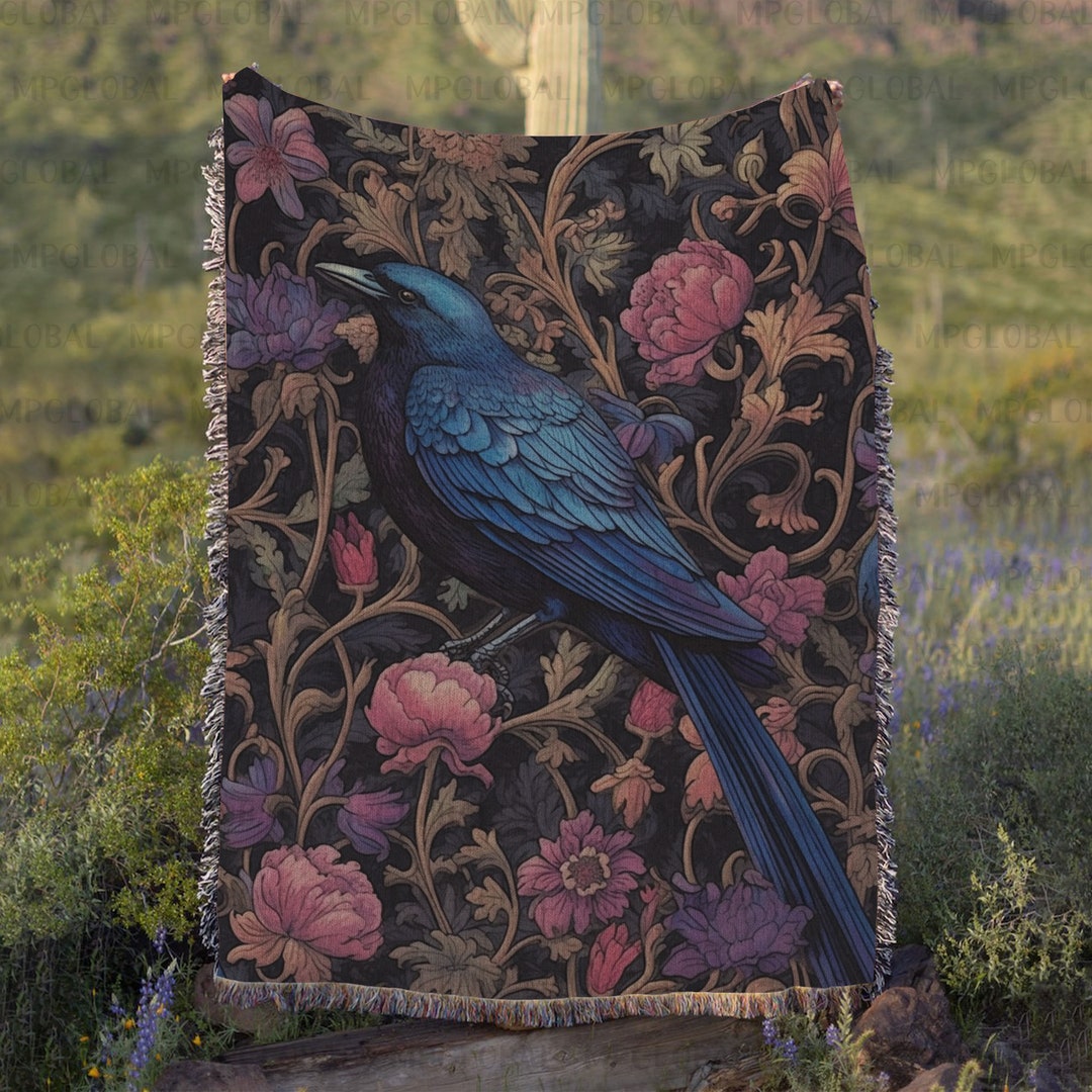 Blue Crow Dark Florals Morris Blanket, Whimsical Crow Art Bedding ...