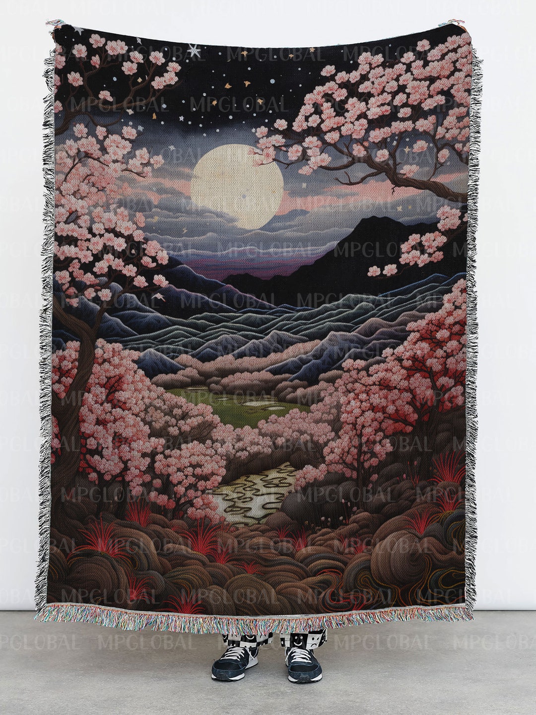 Custom March Sakura Birth Month Woven, Cottagecore Sakura Mountain ...