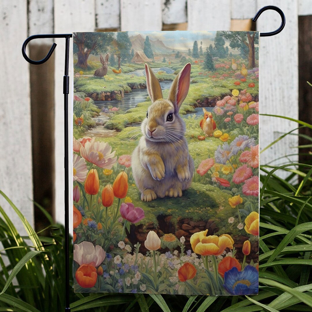 Easter Bunny Wildflowers Garden Flag, Chicken Rabbit Grass Field Flag ...