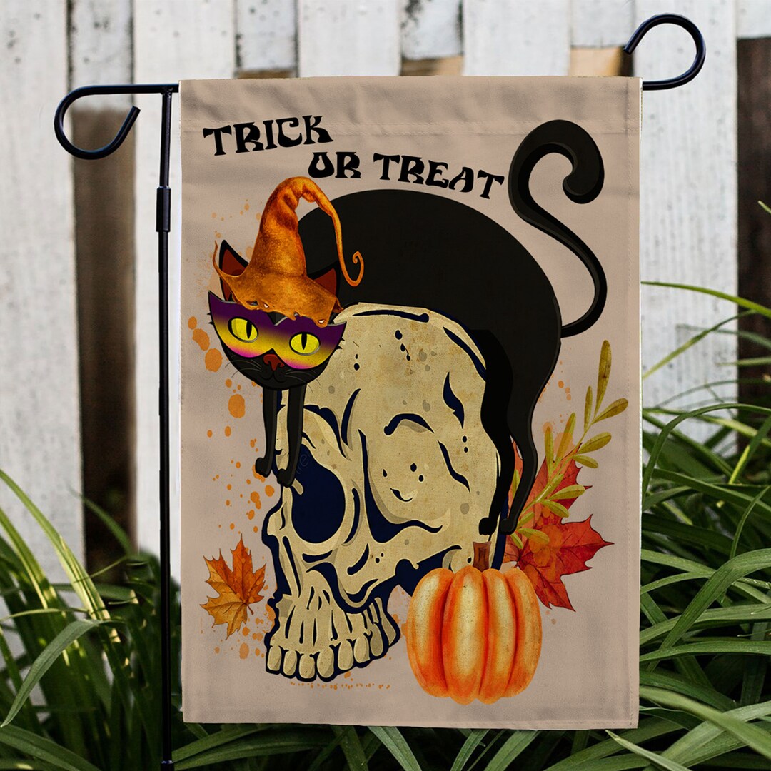 Trick or Treat Black Cat Skull Flag, Halloween Skull Pumpkins Flag, Jack O Lantern, Gothic Fall ...