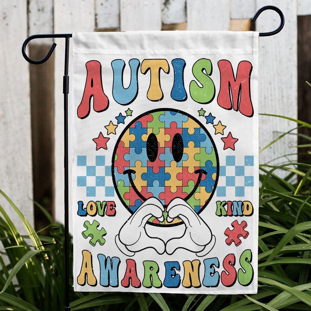Autism Awareness Acceptance Flag, Smiley Face Puzzle Flag, Retro Autism ...