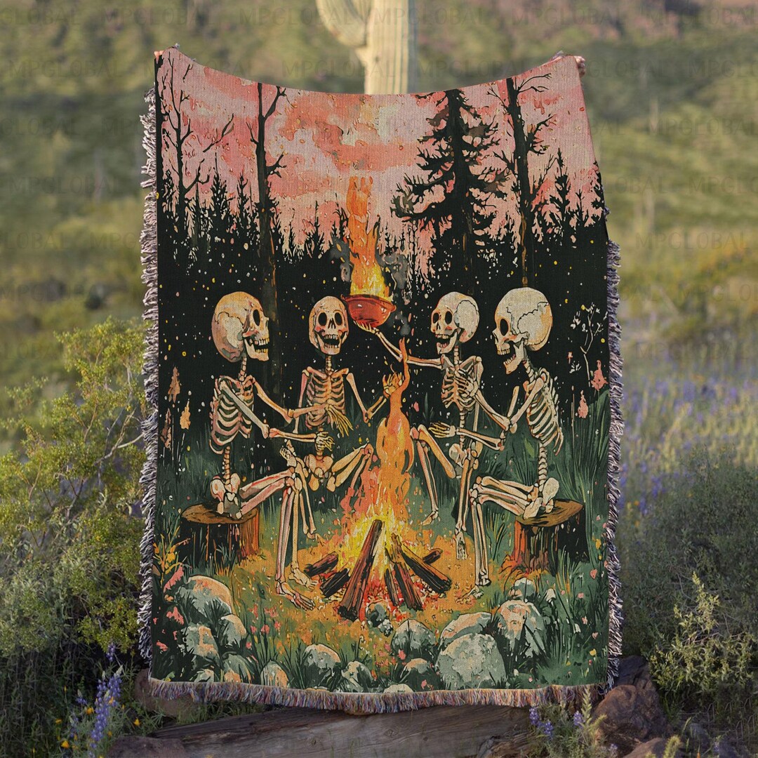 Skeleton Camping Aesthetic Blanket, Funny Camping Cottagecore Woven ...