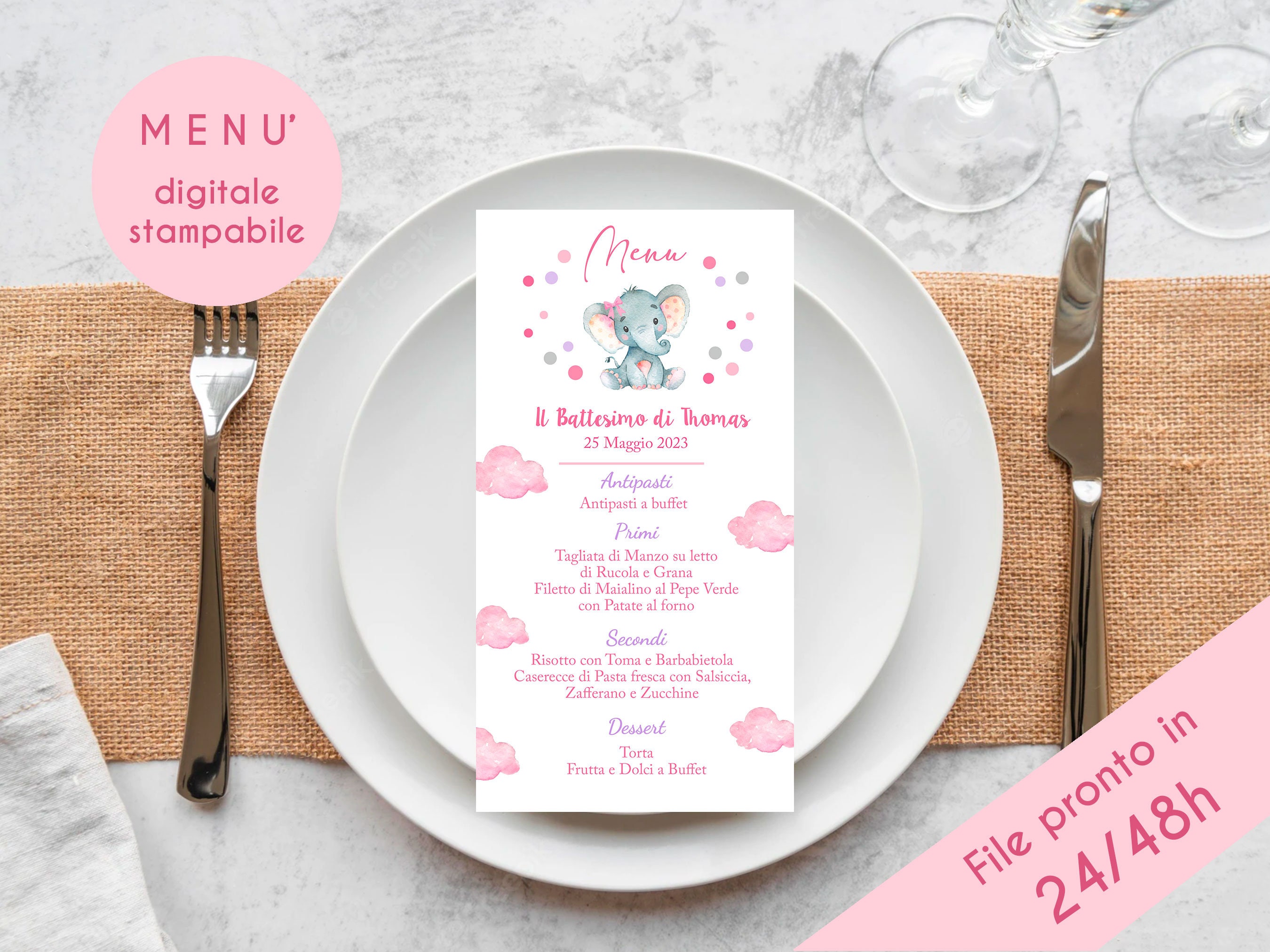 Menú digital imprimible Menú de bautismo digital Menú temático elefante ...