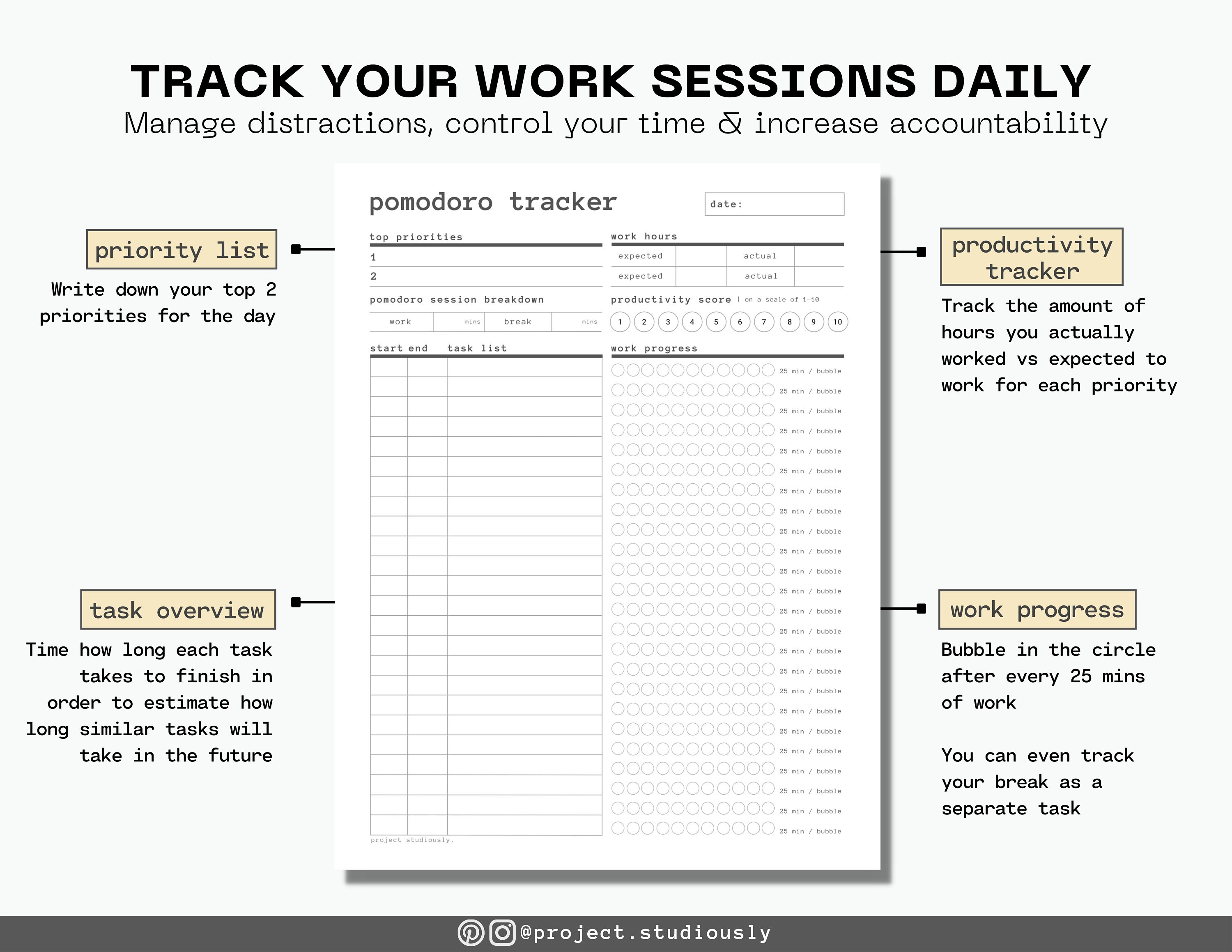 Pomodoro Tracker Printable: Student Productivity Planner (digital ...