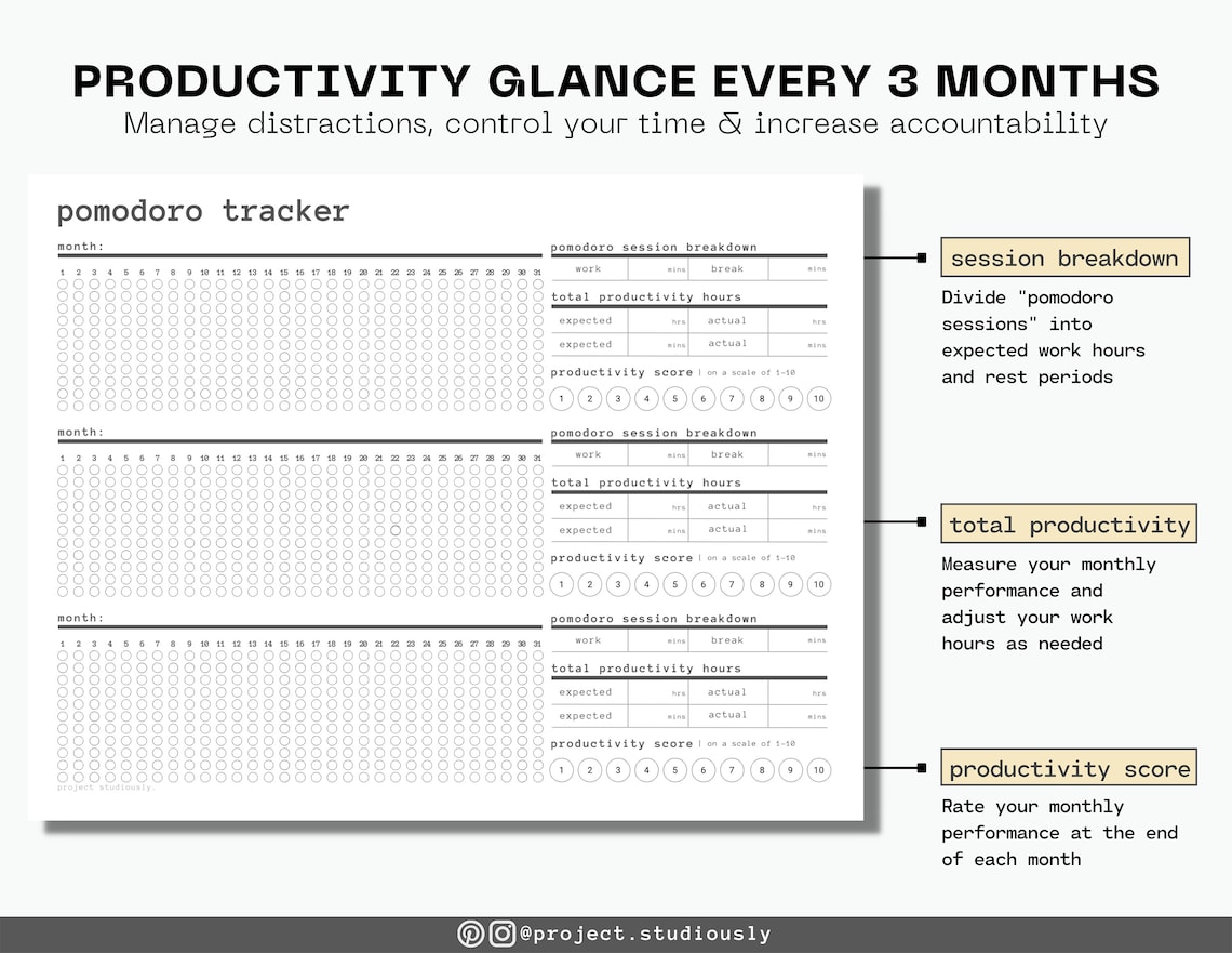 Simple Pomodoro Tracker Academic Printable PDF Minimalist - Etsy