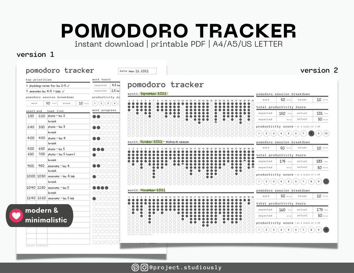 Simple Pomodoro Tracker Academic Printable PDF Minimalist - Etsy