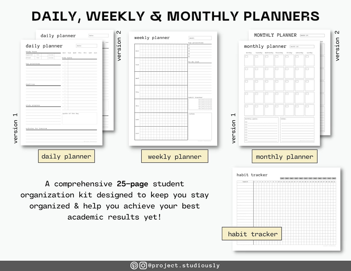 Student Planner Pack Academic Printable Pdfs Minimalist - Etsy