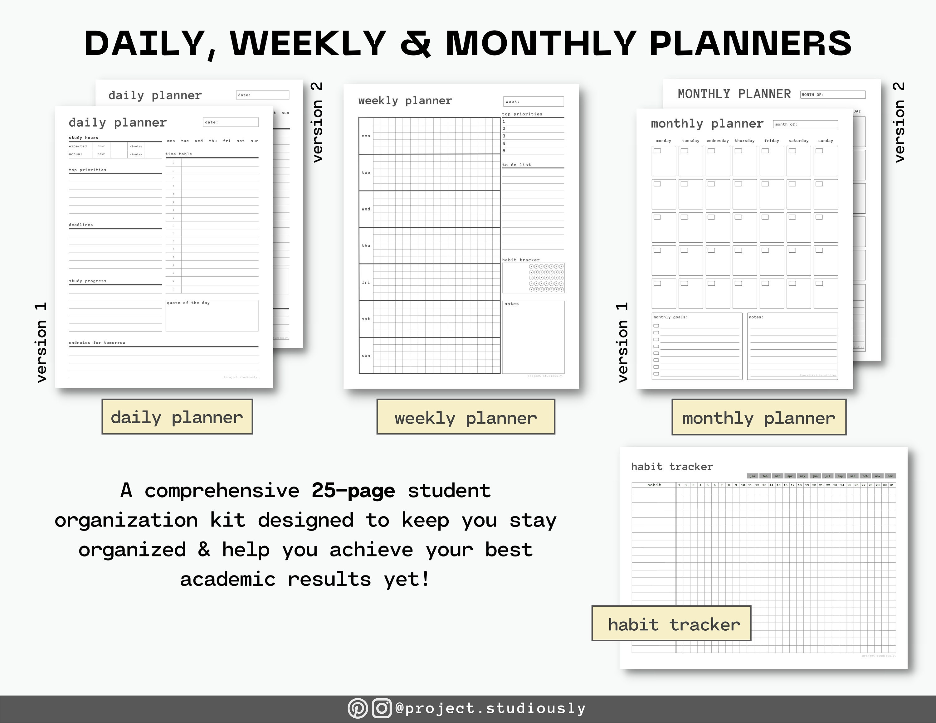 Student Planner Pack | Academic Printable Pdfs | Minimalist Digital ...