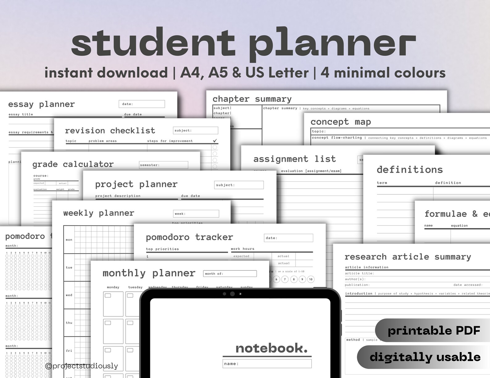 Student Planner Pack | Academic Printable Pdfs | Minimalist Digital ...