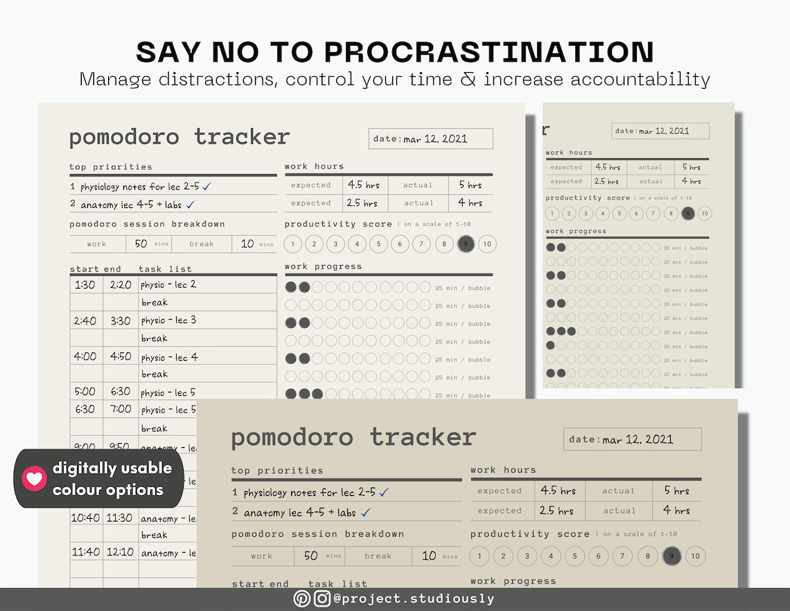 Simple Pomodoro Tracker Academic Printable PDF Minimalist - Etsy