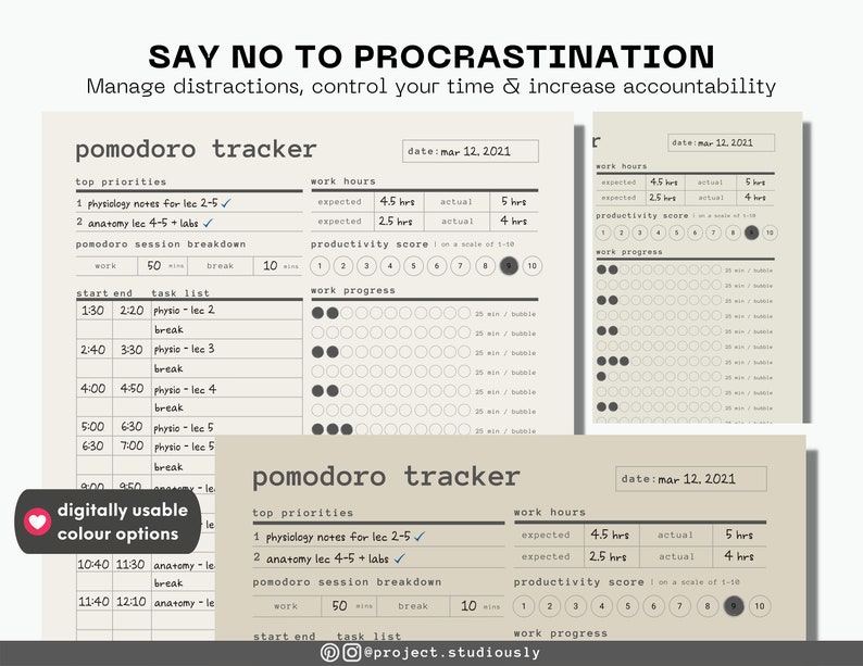 Pomodoro Tracker Printable: Student Productivity Planner (digital ...