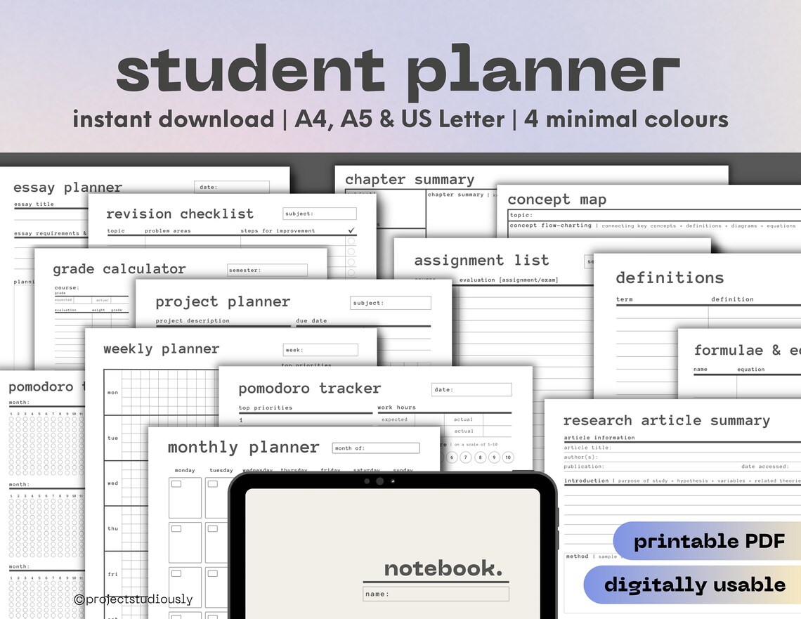 Student Planner Pack Academic Printable Pdfs Minimalist - Etsy