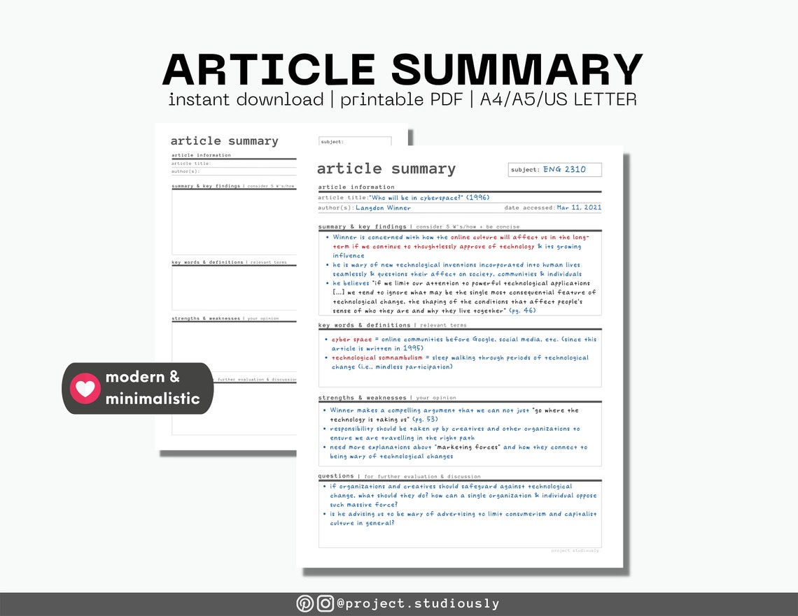 Article Summary | Summary Tool | Printable PDF | Minimalist Digital ...