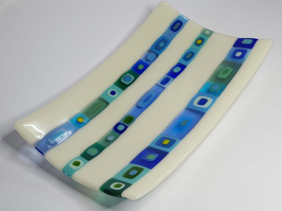 Elegant Striped Fused Glass Plate – Ocean Tones on Ivory - Etsy