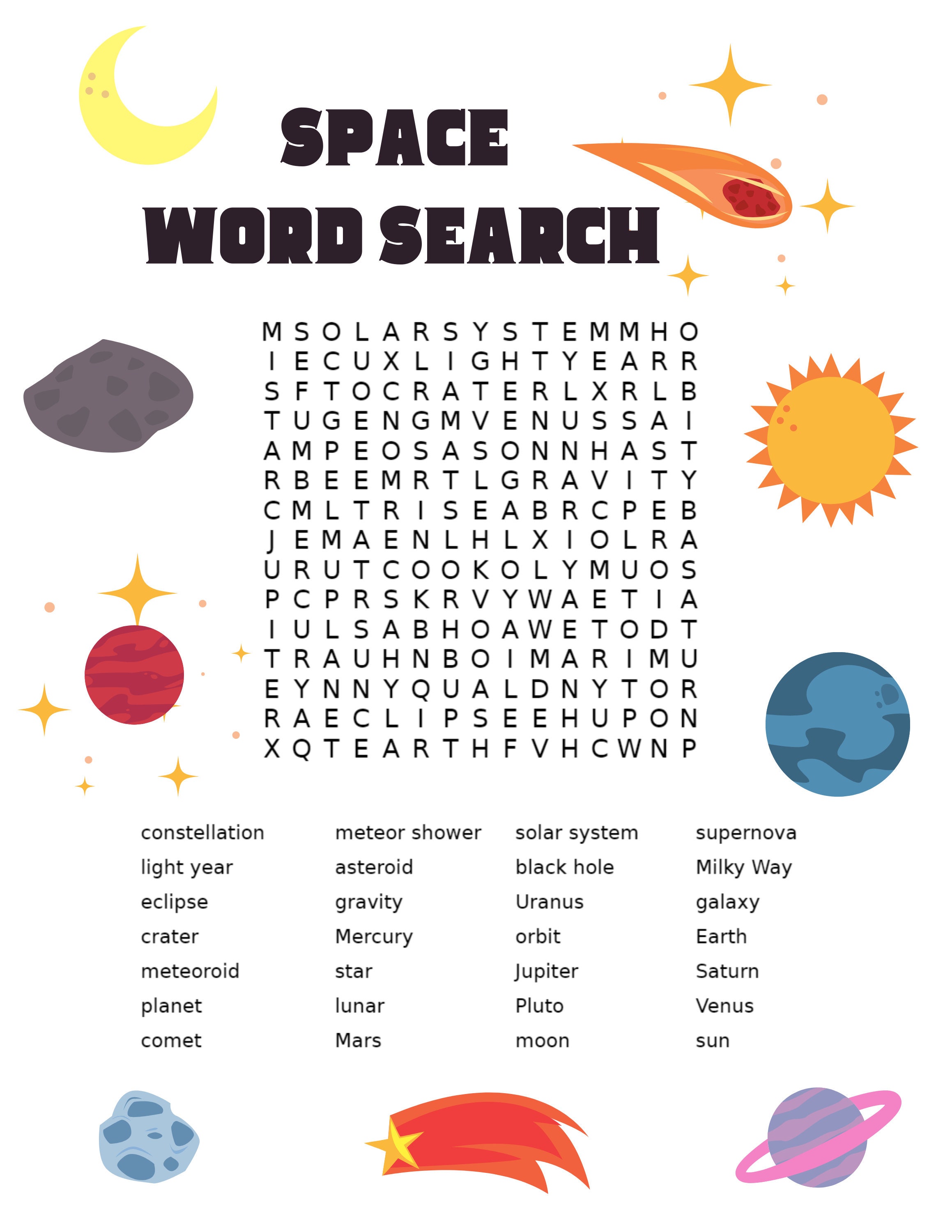 Space Science Word Search Worksheet Instant Digital Download - Etsy