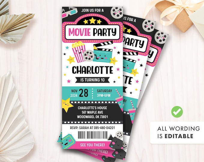 Movie Ticket Birthday Invitation, Movie Night, Popcorn, Birthday ...