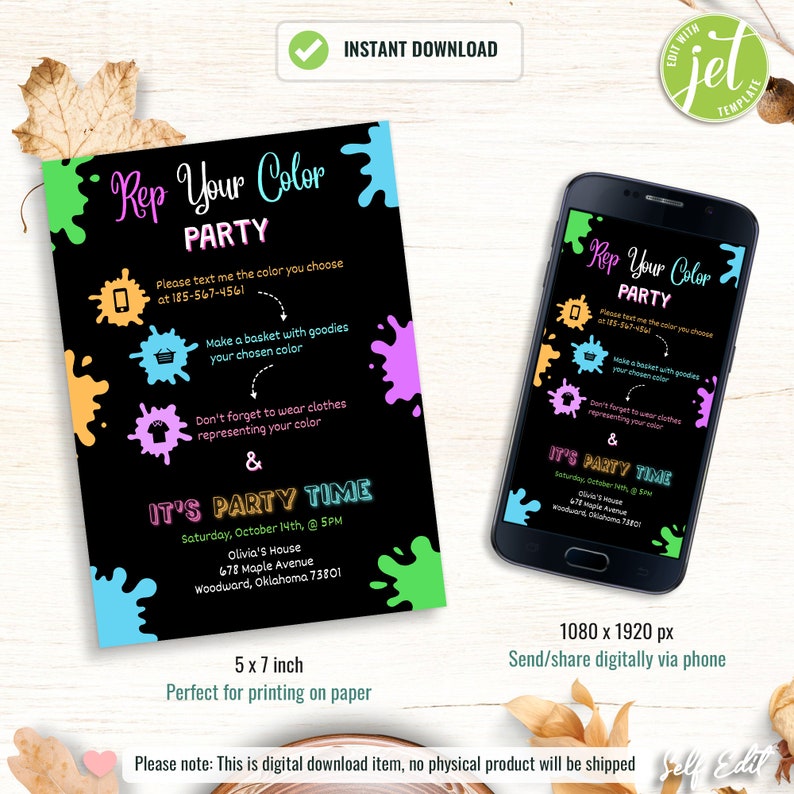 Editable Party Invitation, Rep Your Color, Color Theme Party Invite ...