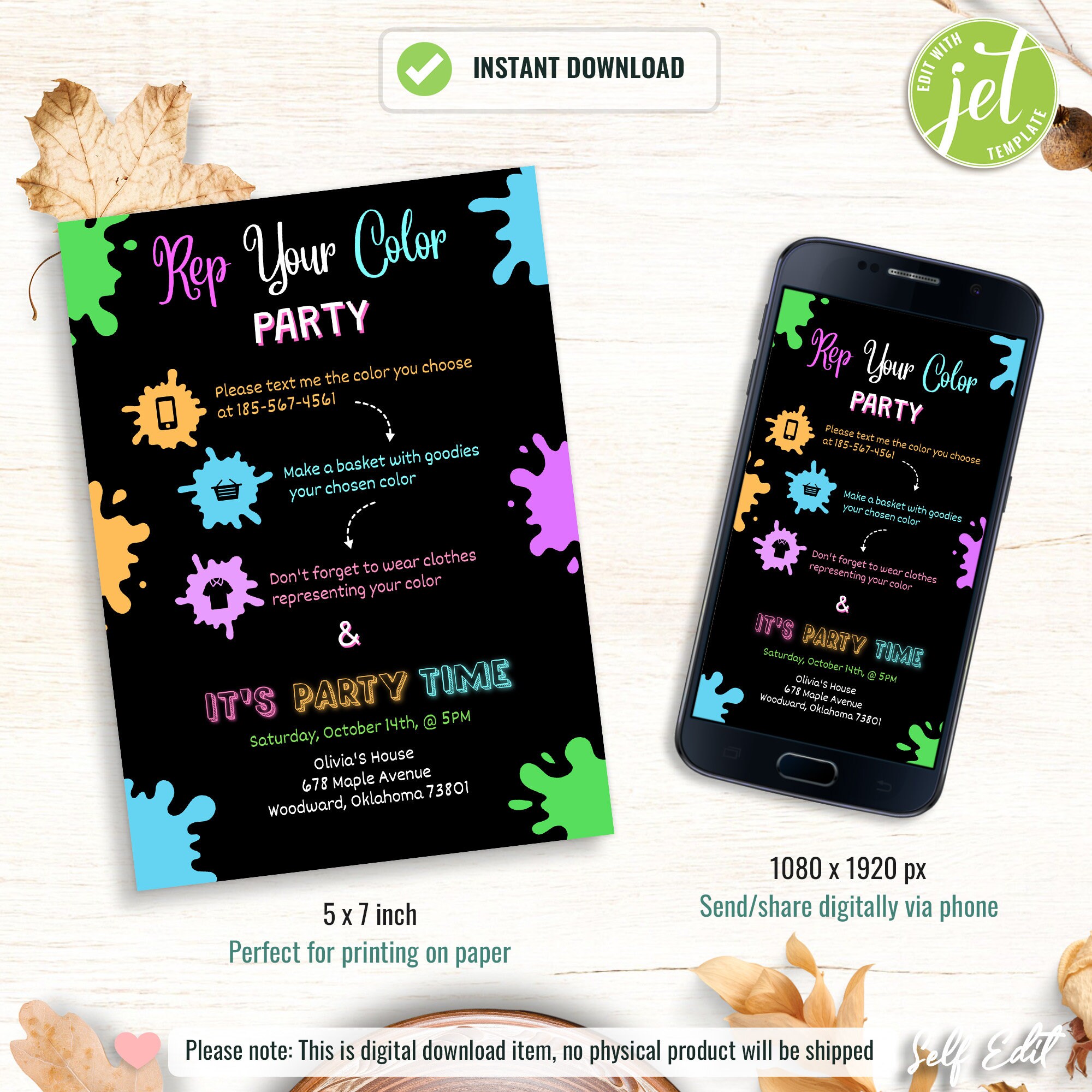 Editable Party Invitation, Rep Your Color, Color Theme Party Invite ...