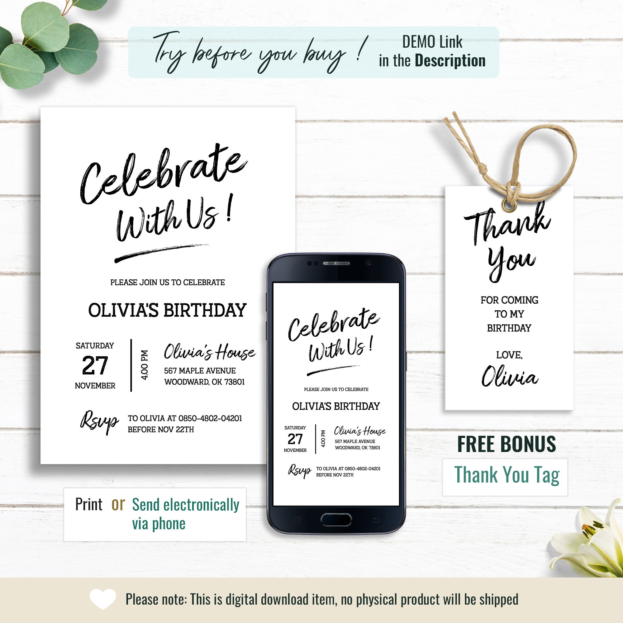 Simple Party Invite, Minimalist Birthday Invitation, Adult and Teen ...