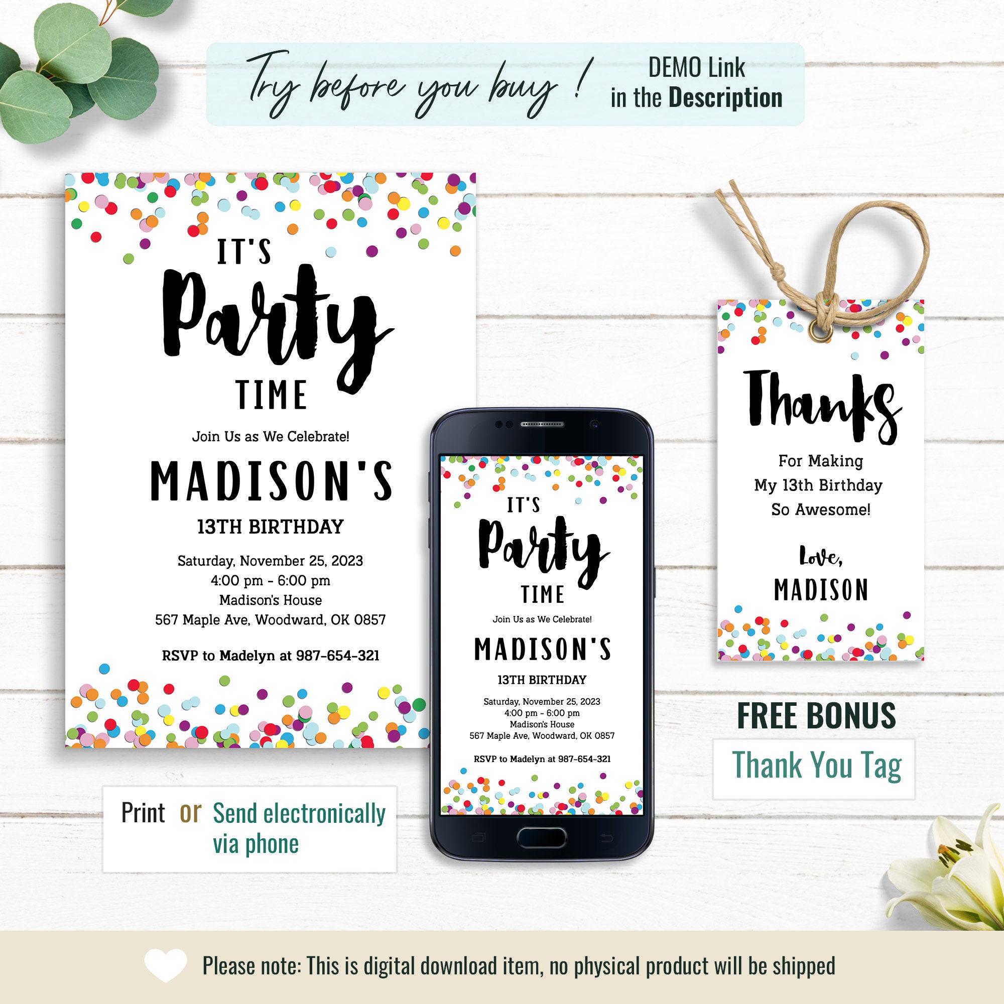 Editable Confetti Birthday Invitation Colorful Invite Simple - Etsy