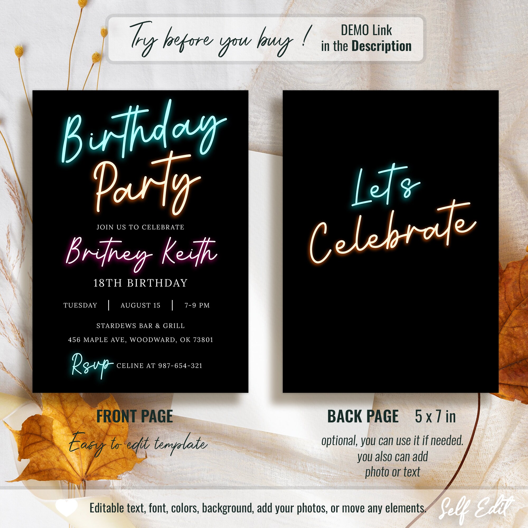 Neon Light Birthday Invitation Glow Black Party Invitations - Etsy
