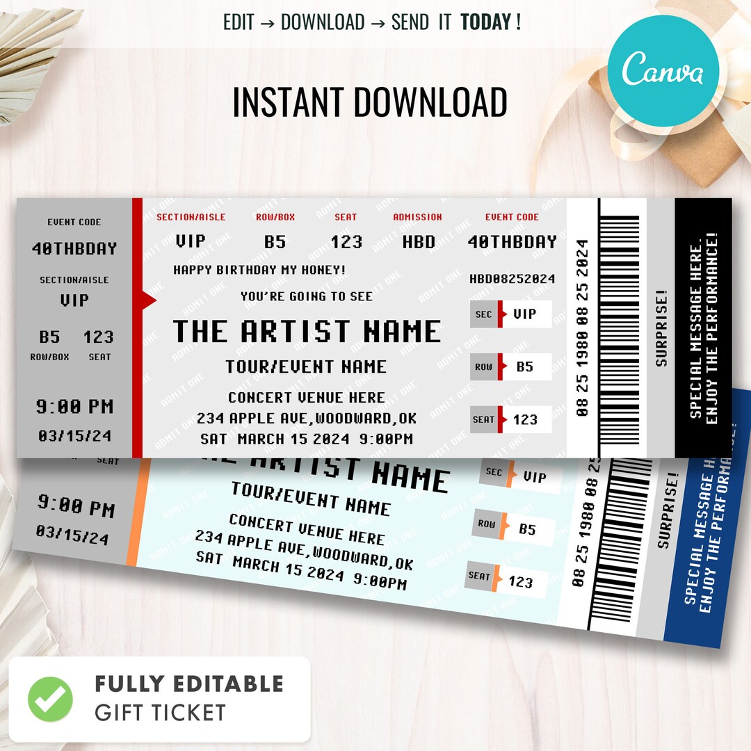 Editable Concert Ticket Template, Surprise Gift Ticket, Birthday Gift ...