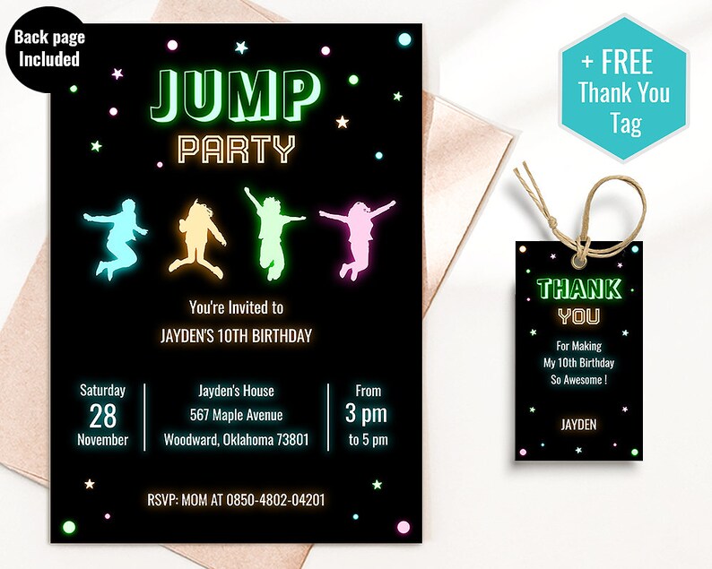 Jump Birthday Invitation, Neon Glow Jumping Trampoline Party ...