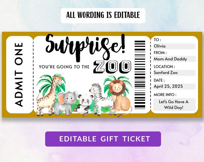 Zoo Ticket Template, Printable Event Ticket, Safari Park, Gift Voucher ...