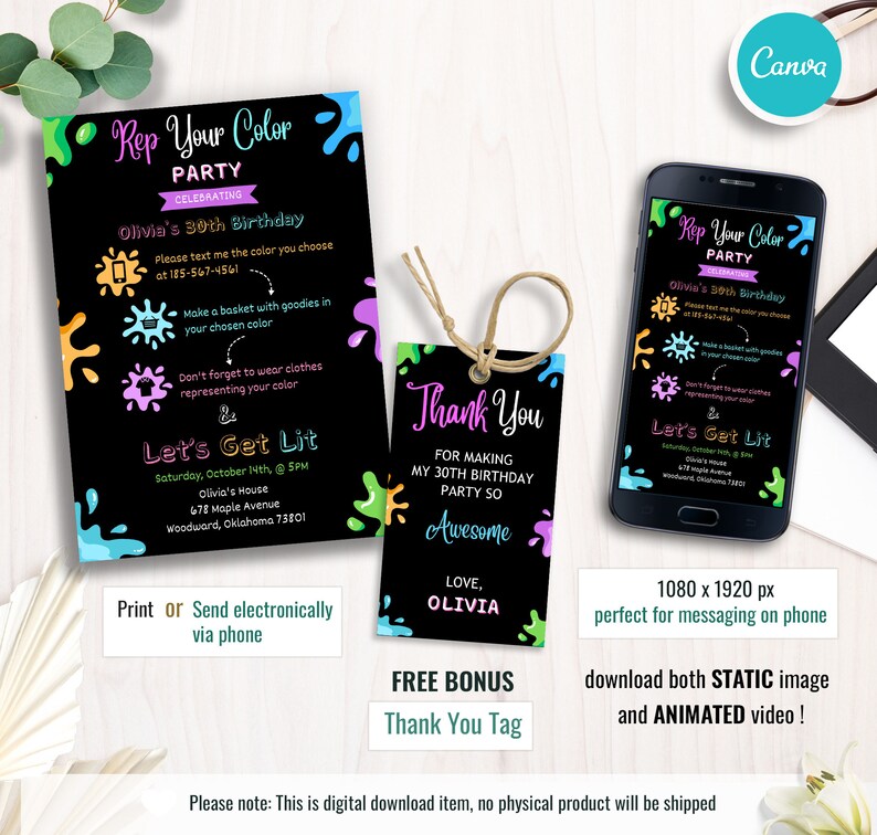 Editable Birthday Invitation Template, Rep Your Color Invitations ...