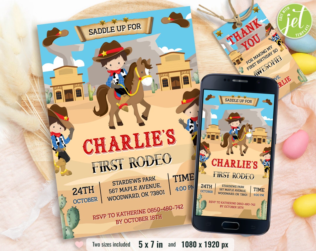 Editable First Rodeo Birthday Invitation, Cowboy Birthday Invite, First ...