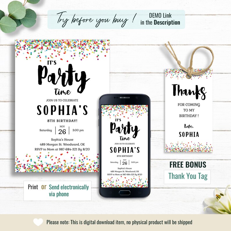 Confetti Party Invite, Colorful Invite, Simple Birthday Invitations ...