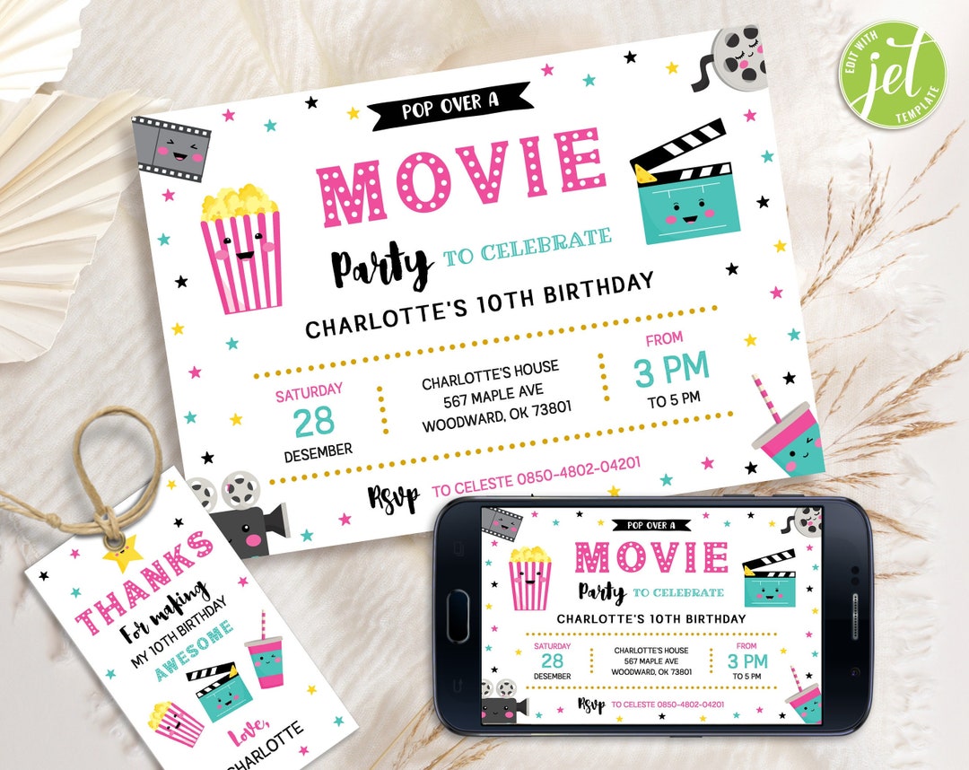 Editable Movie Birthday Invitation Template, Movie Party Invite, Night ...