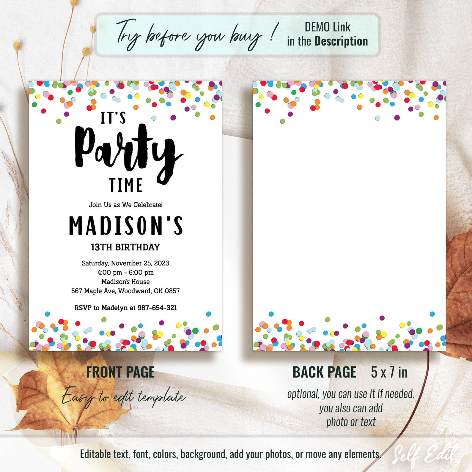 Editable Confetti Birthday Invitation Colorful Invite Simple - Etsy