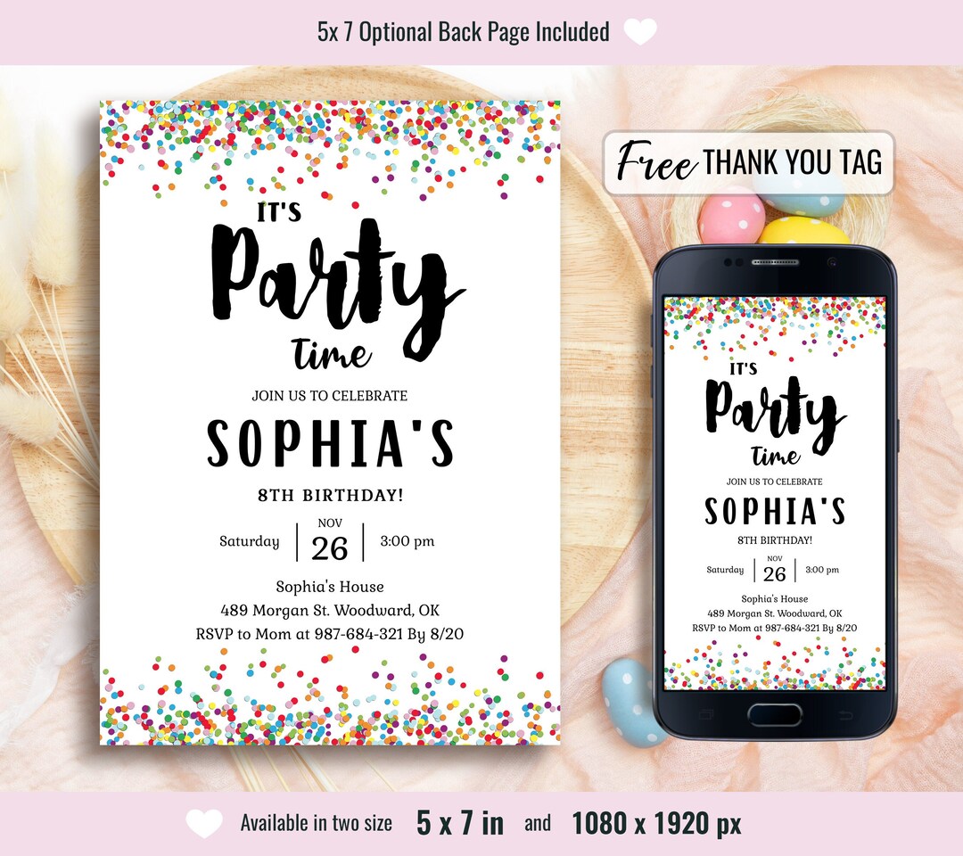 Confetti Party Invite, Colorful Invite, Simple Birthday Invitations ...