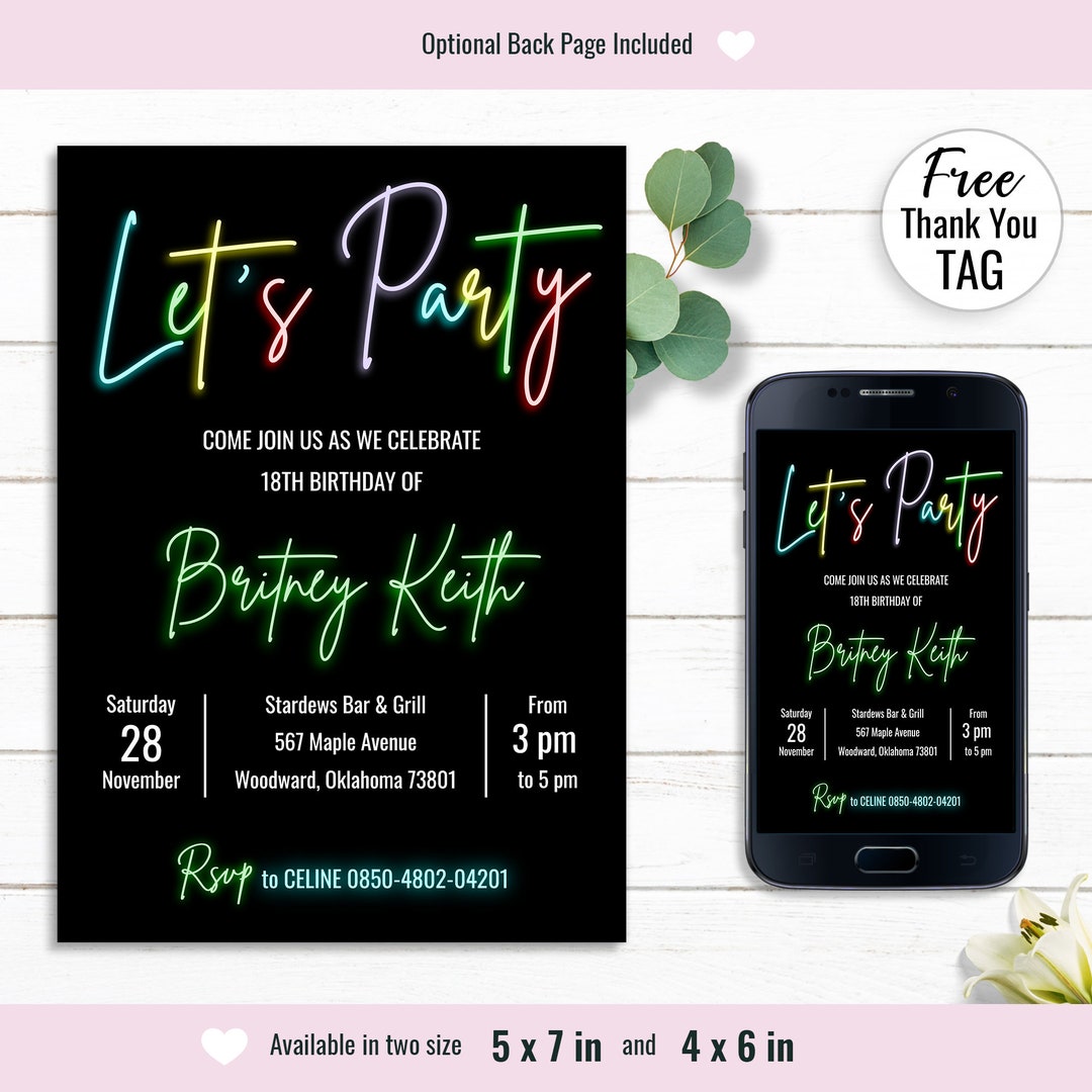 Neon Glow Birthday Invite, Neon Light Party Invitation, Simple and Minimalist Template, Teen and ...