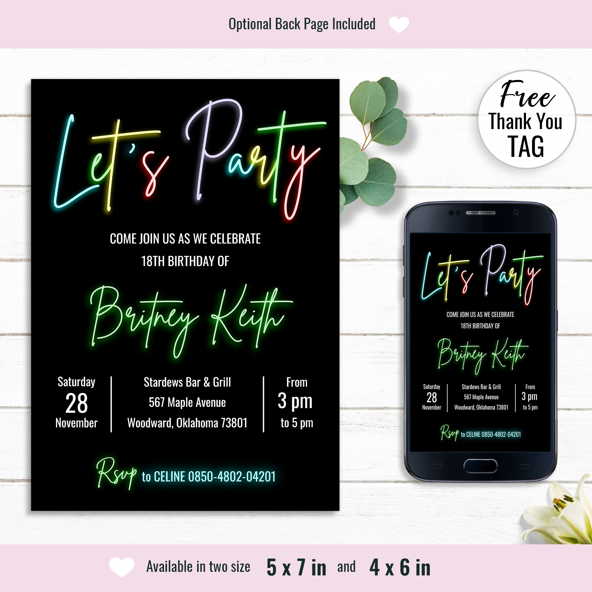 Neon Glow Birthday Invite, Neon Light Party Invitation, Simple and ...