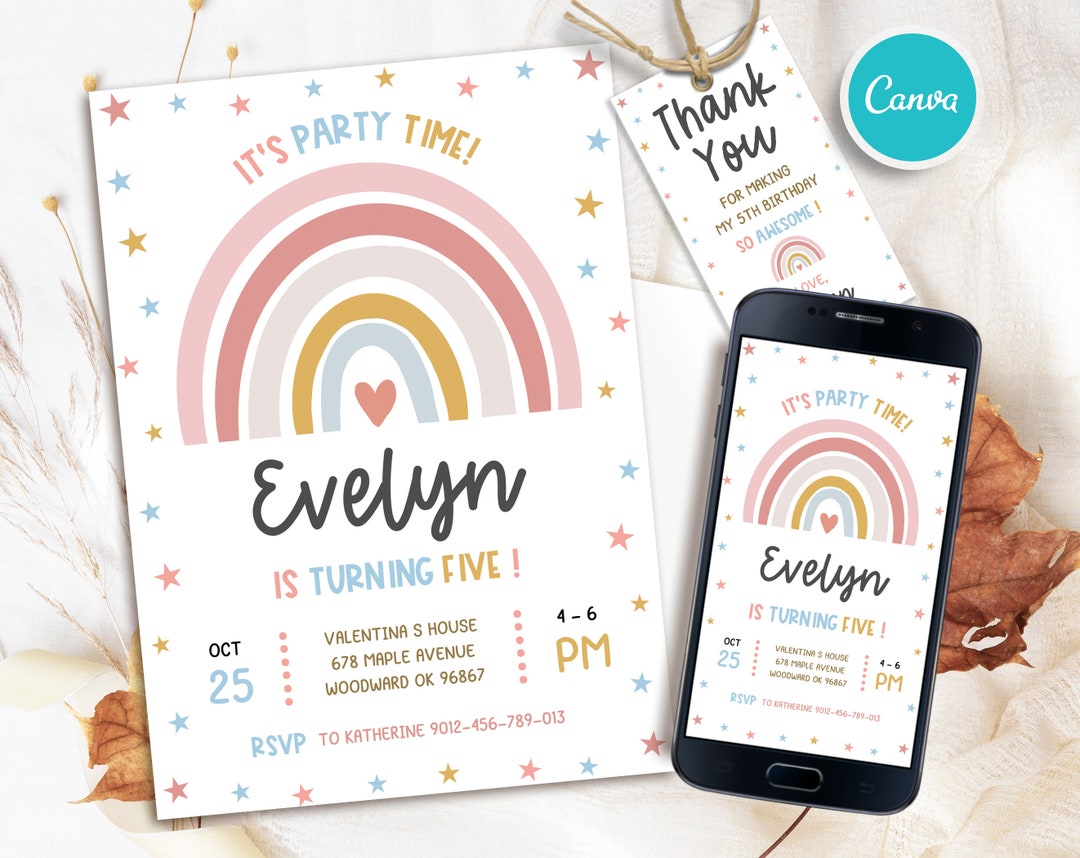 Editable Rainbow Birthday Invitation, Digital Invitations, Kids ...
