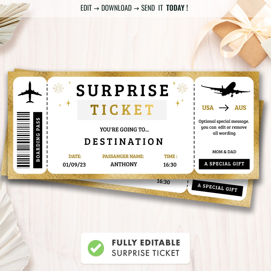 Editable Surprise Trip Ticket, Surprise Boarding Coupon Pass, Event ...