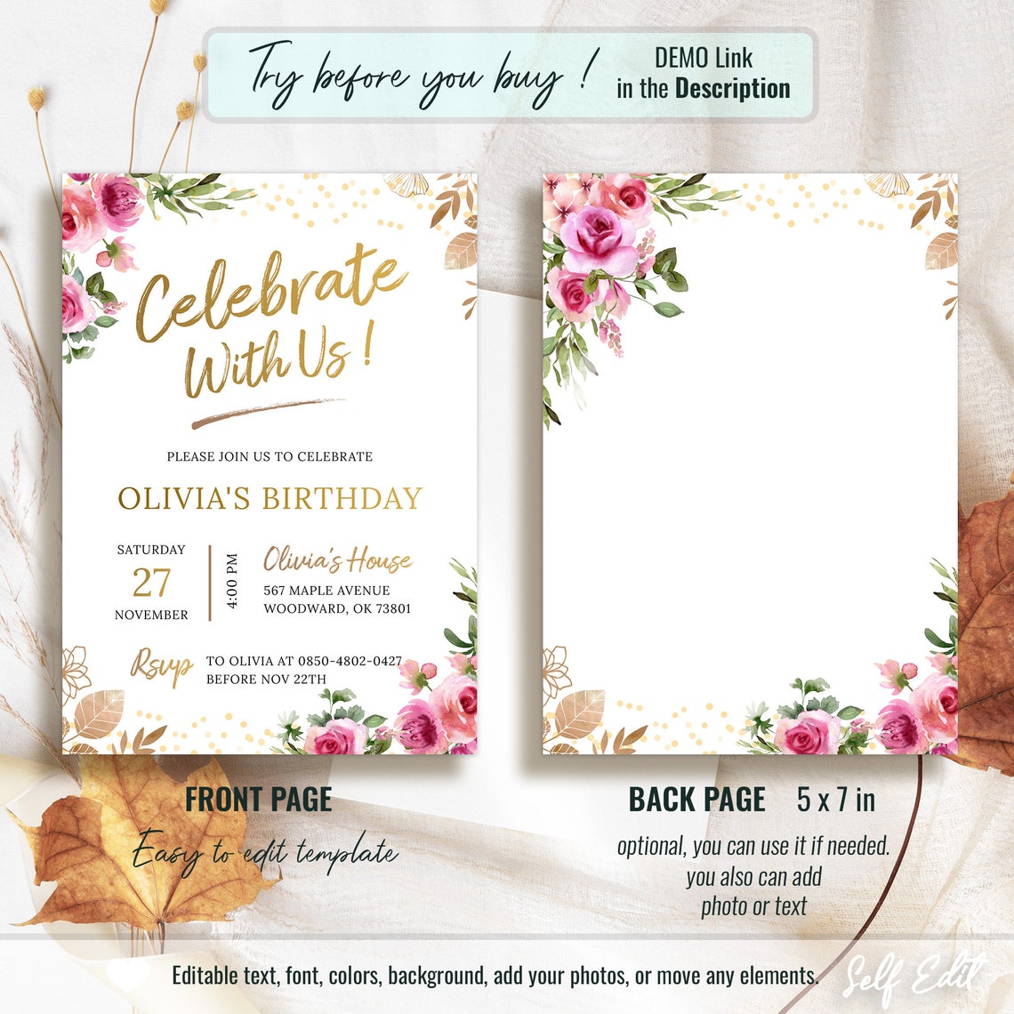 Editable Rose Birthday Invitation Flower Watercolor Invite - Etsy