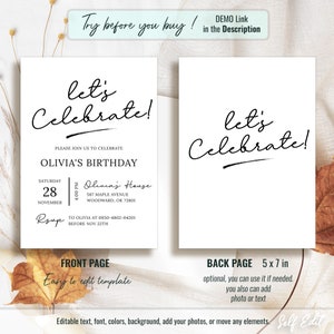Simple Party Invitation, White Minimalist Birthday Invite, Printable ...